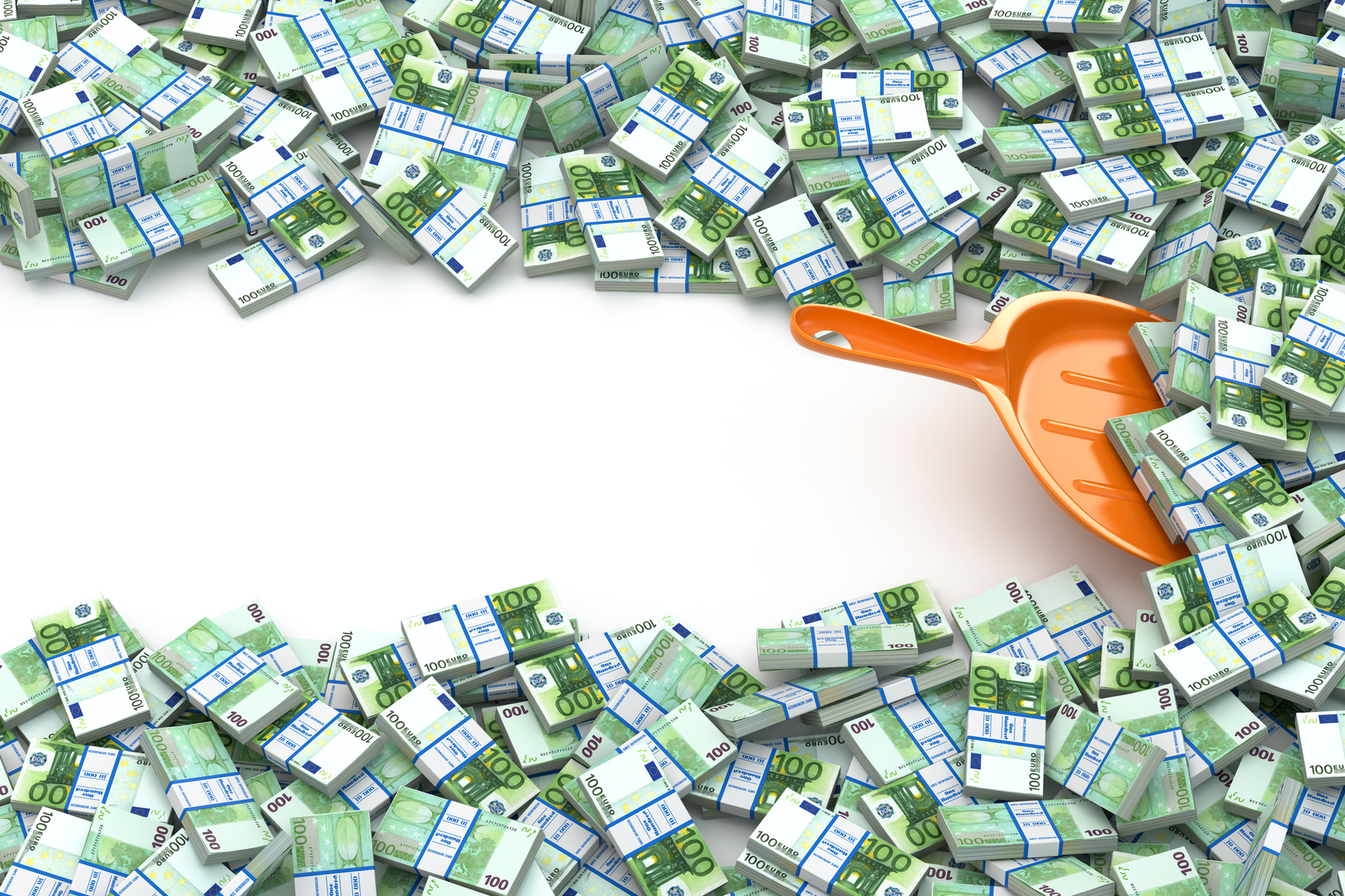 Financial money concept. Scoop and packs of euro. Space for text ...